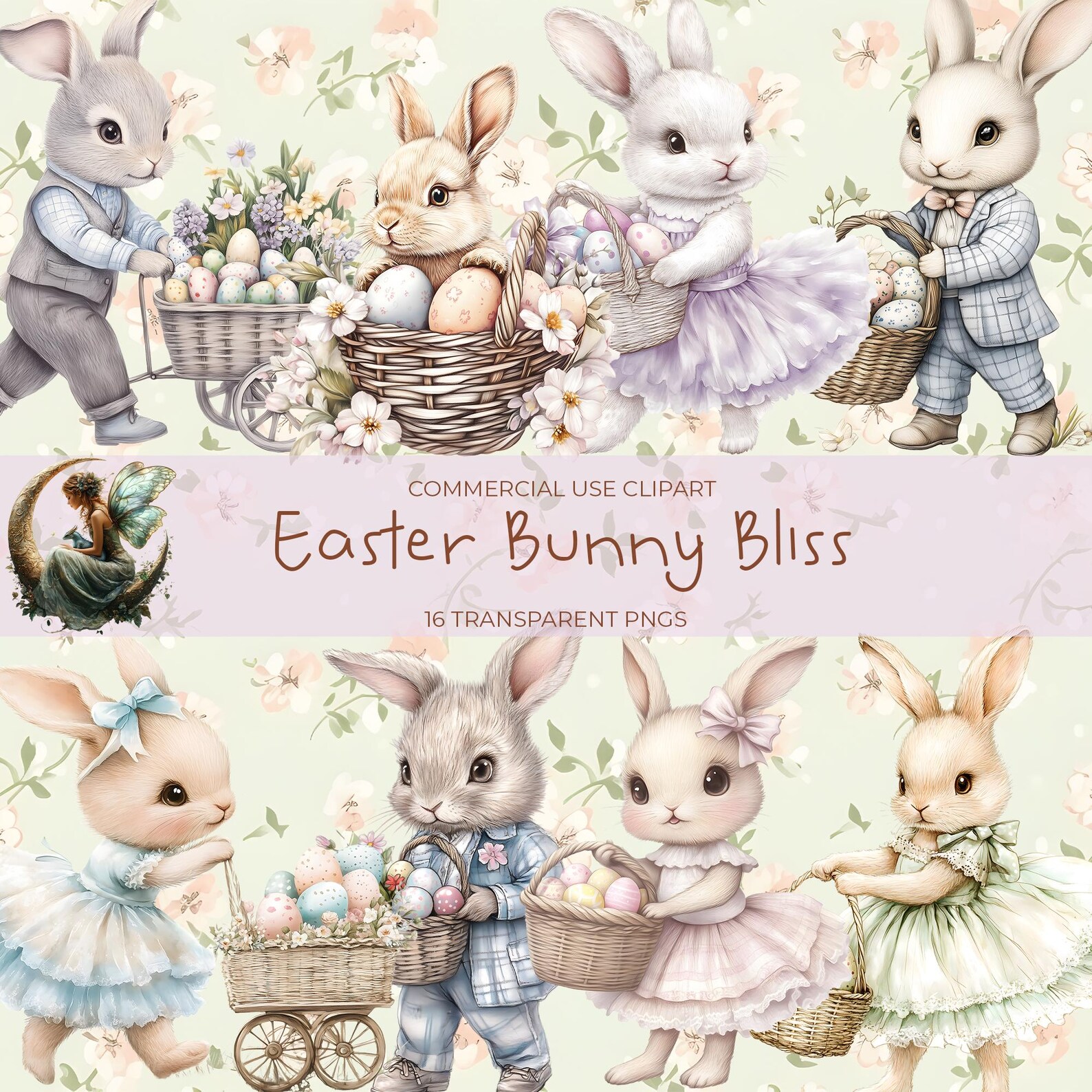 Vintage Easter Bunny Clipart, Pastel Spring Rabbits & Floral Clipart ...