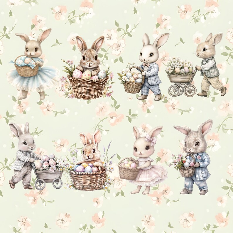 Vintage Easter Bunny Clipart, Pastel Spring Rabbits & Floral Clipart ...