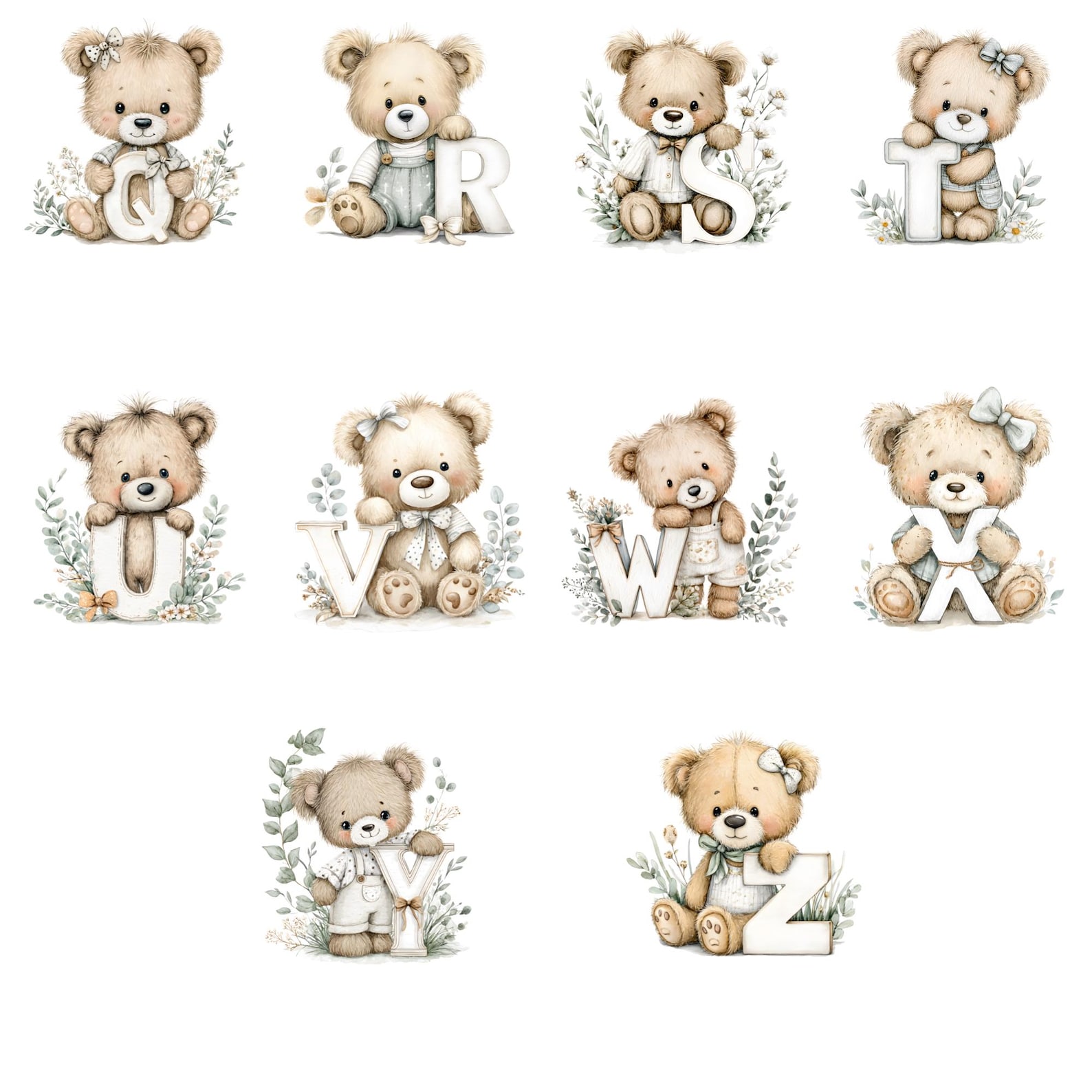 Boho Baby Bear Alphabet Clipart – Watercolor Nursery Letters PNG Set - Etsy
