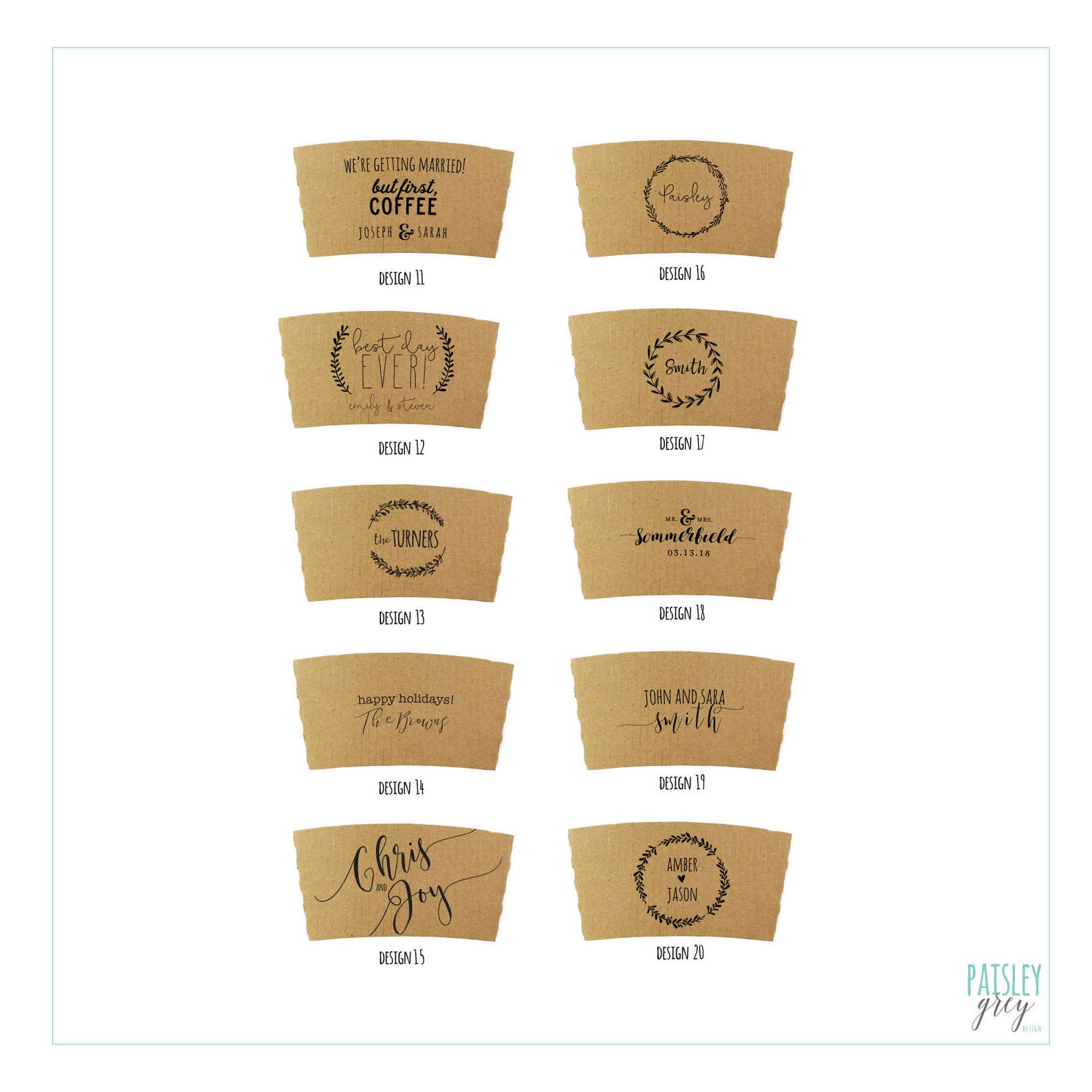 Personalized Printed White Coffee Sleeves 12 Oz. Brown Cups & | Etsy