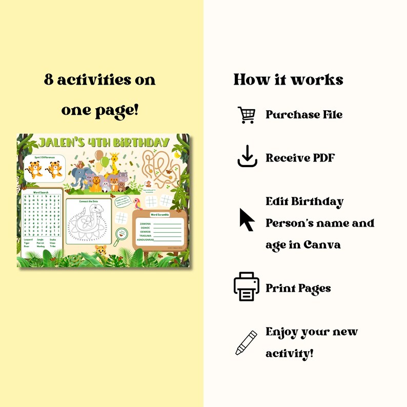 Cute Jungle Animals Activity Placemat: Editable Kids Safari Birthday ...