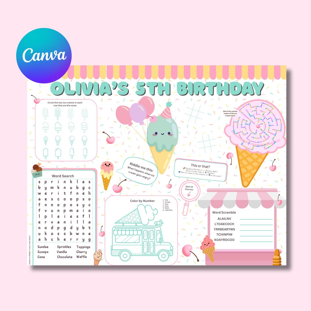 Ice Cream Activity Placemat: Kids Birthday Party Printable Digital ...