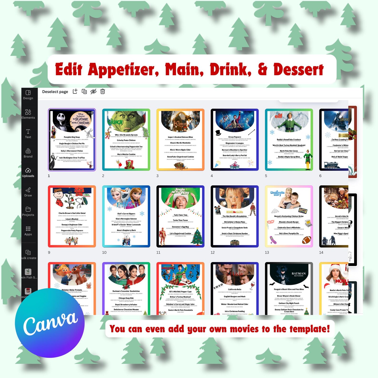 Christmas Movie Night Menus & Tickets: Editable Holiday Dinner (digital ...