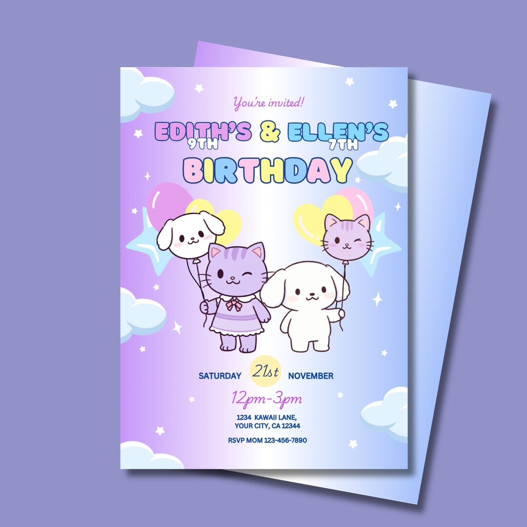 Duo Birthday Invite Editable, Kawaii Sibling Invitation, 5x7 Hand Drawn ...