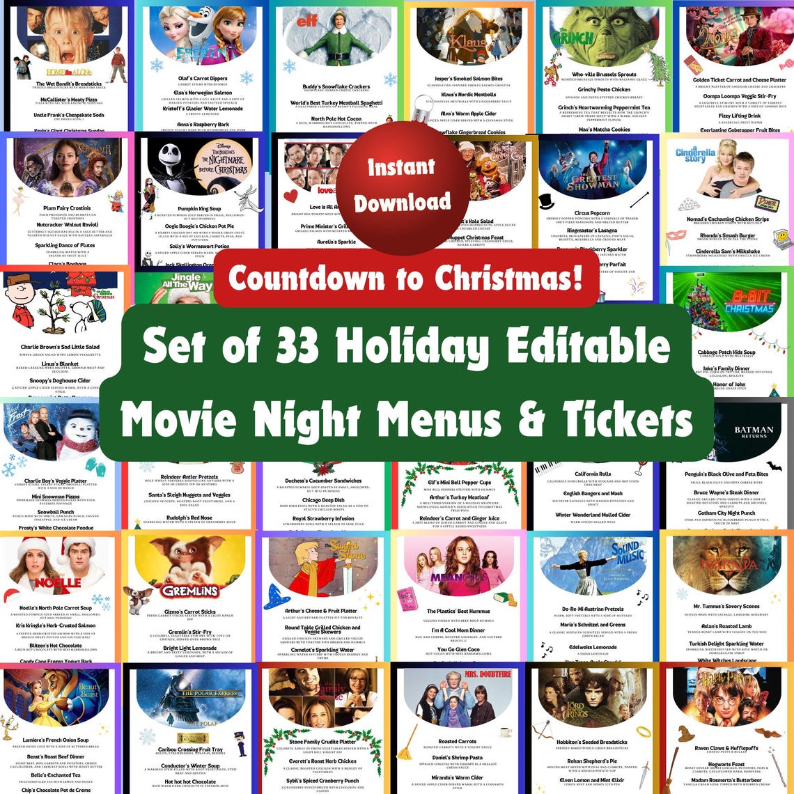 Christmas Movie Night Menus & Tickets: Editable Holiday Dinner (digital ...