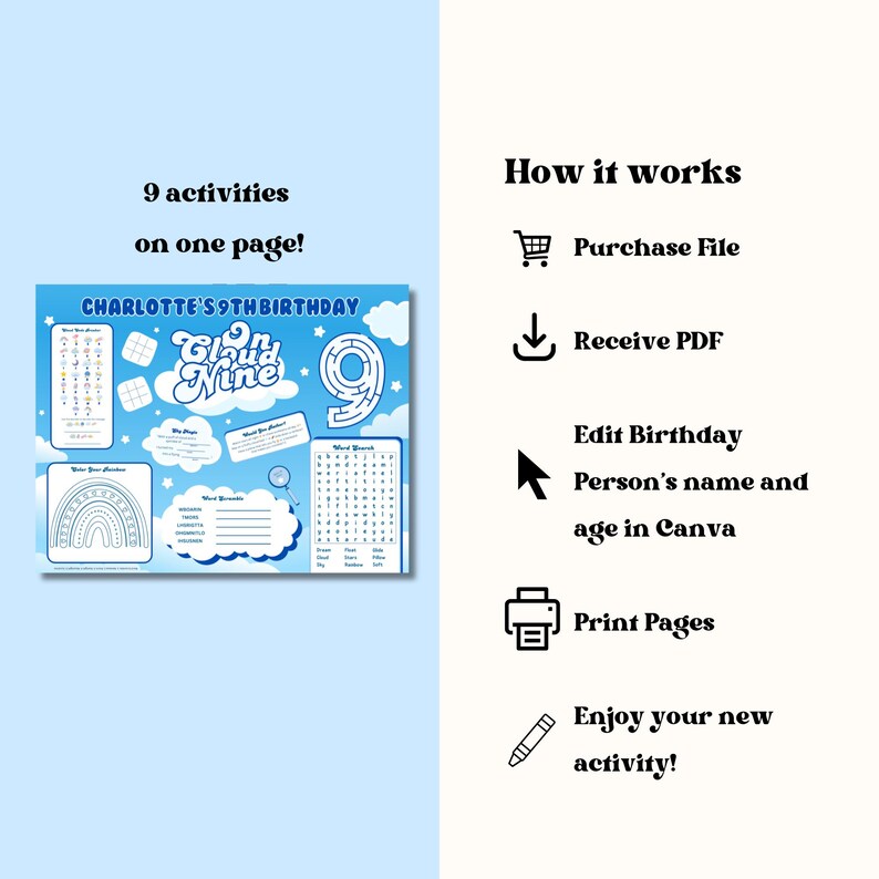 Cloud 9 Birthday Placemat Activity Sheet: Girls Party Games (digital ...