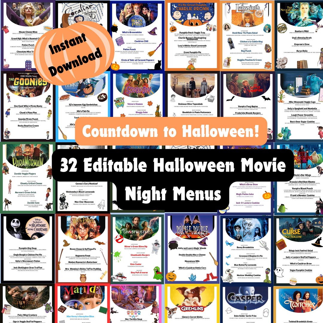 Halloween Movie Night Menus: 30+ Editable Family Dinner Ideas (digital ...