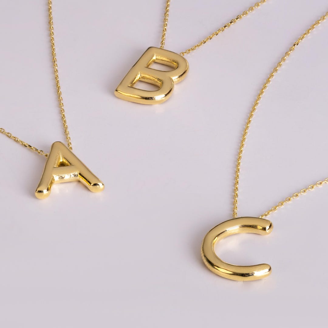 Gold Letter Necklace / 14K Gold Personalized Initial Necklace / Bubble ...