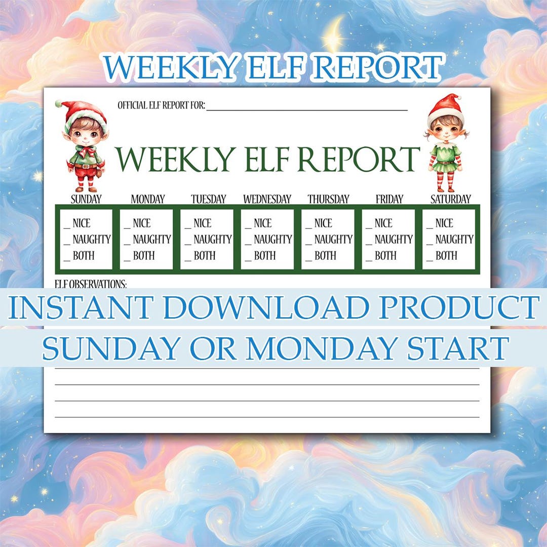 Weekly Elf Report – Track Daily Behavior - Monday & Sunday Start ...