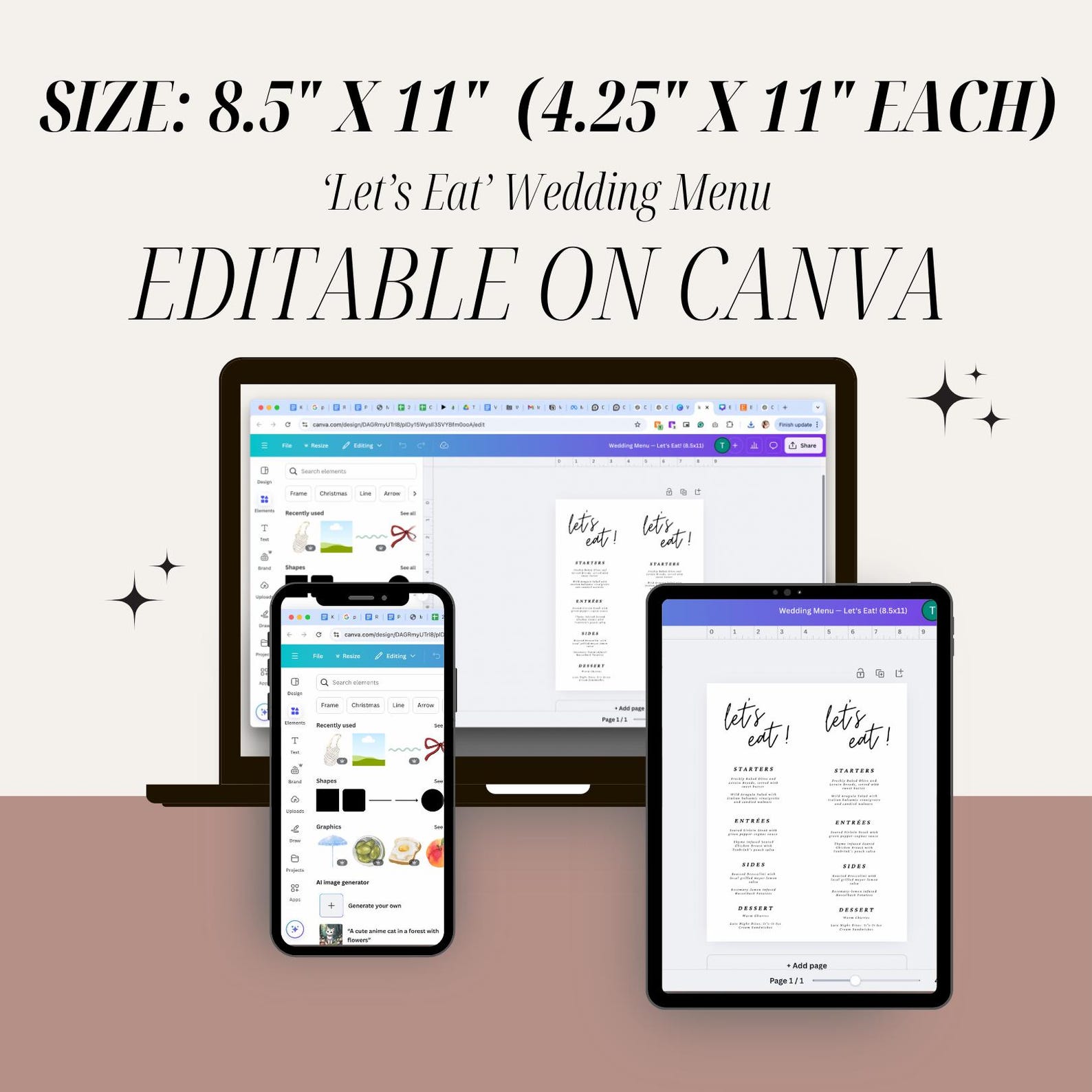 Let's Eat Wedding Menu Canva Template | Starters, Entrees, Sides ...
