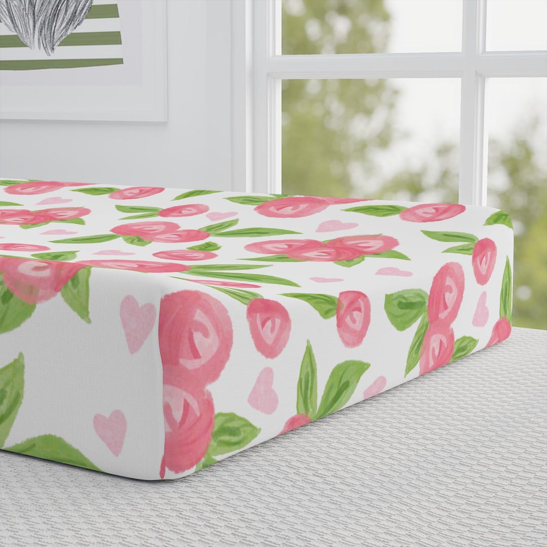 Changing Pad Cover, Pink Rose Print Floral Nursery Theme, Pink Decor ...