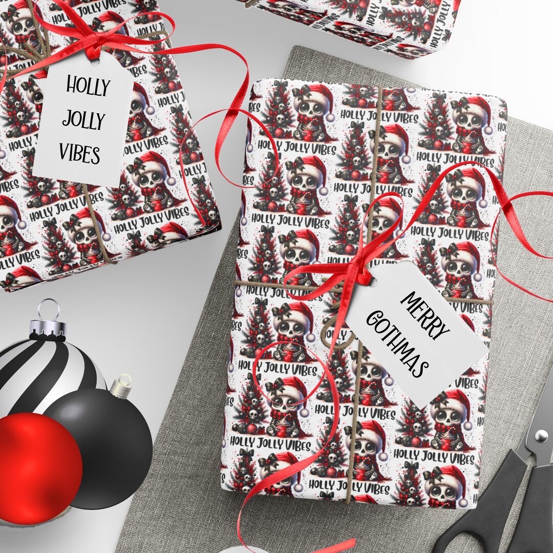 Gothmas Skull Santa Wrapping Paper. Yule Gift Wrap. Holly Jolly Vibes ...