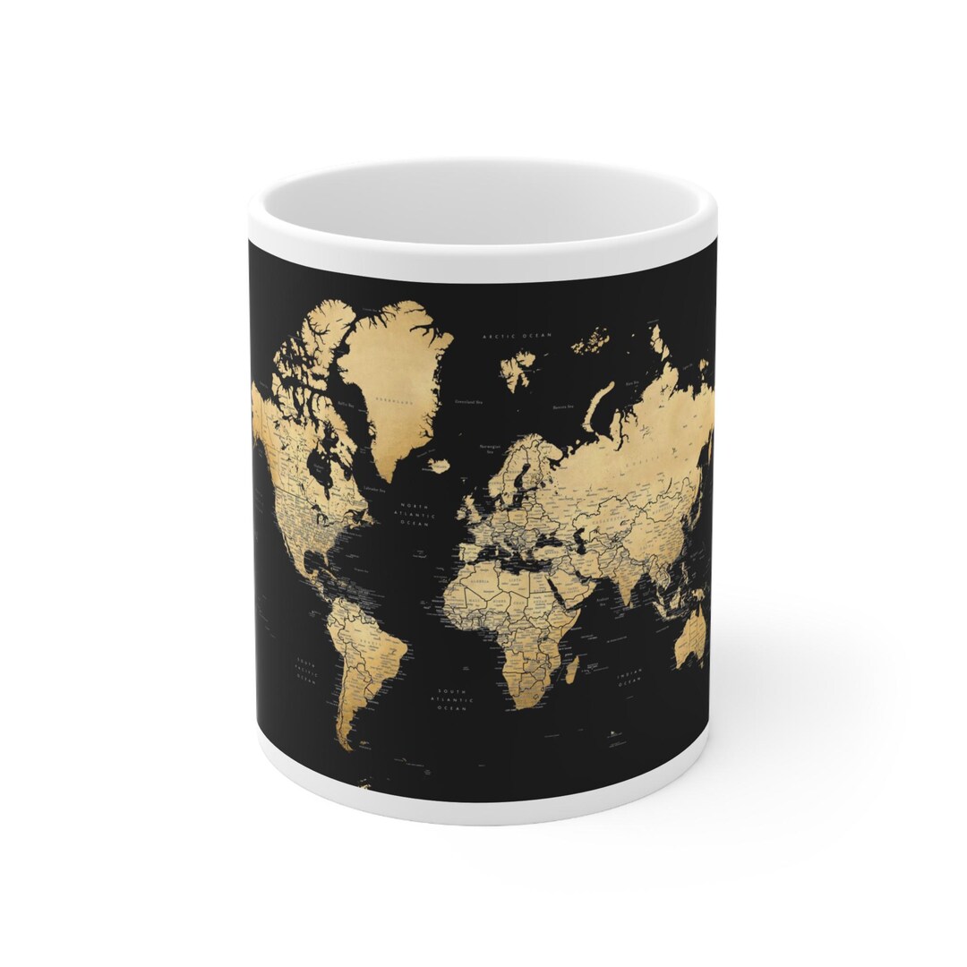 Gift Black and Gold World Map Mug Coffee and Tea Cup White Ceramic Mug ...