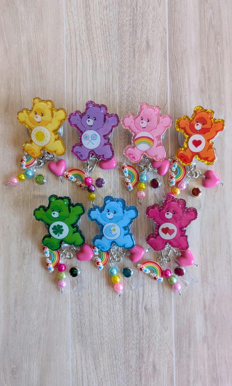 Cute Bear Inspired Badge Reel, Rainbow Heart Cartoon, Retractable Badge ...