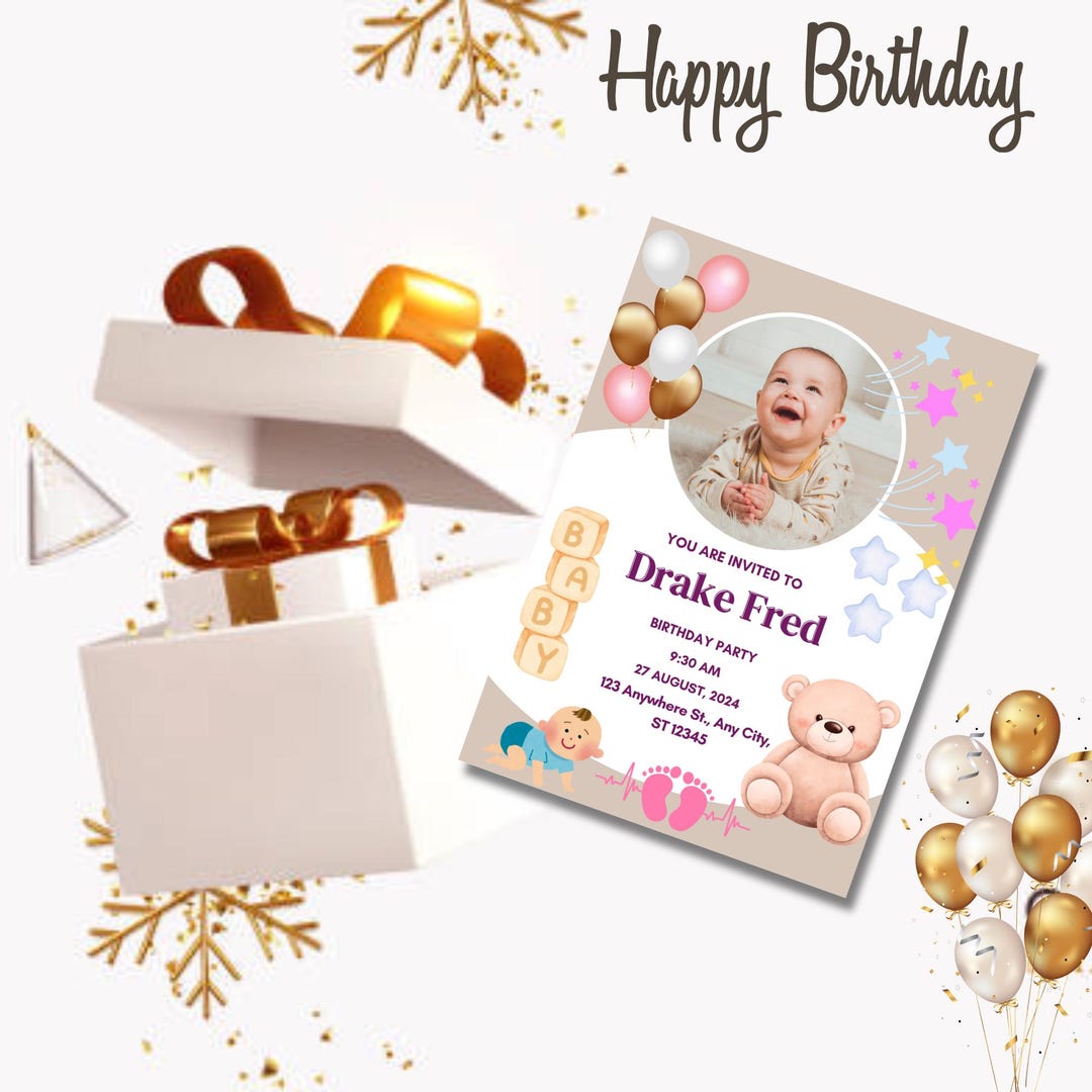 White Playful Birthday Invitation, Birthday Party Invite, Instant ...