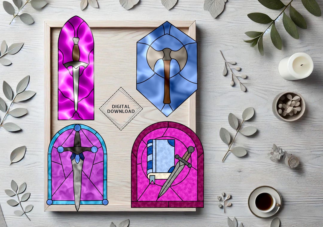 Stained Glass Pattern: Fantasy Dagger, Axe, Book (digital Download) - Etsy