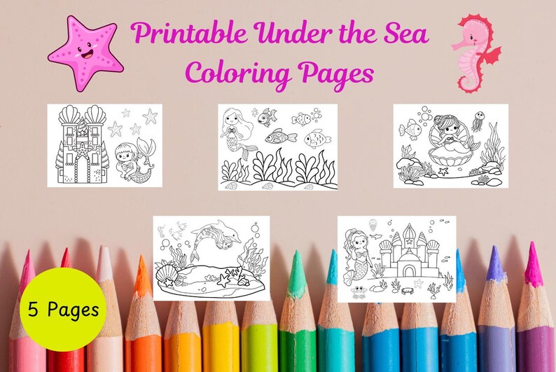 Printable Under the Sea Mermaid Coloring Pages Five Sheets PDF - Etsy