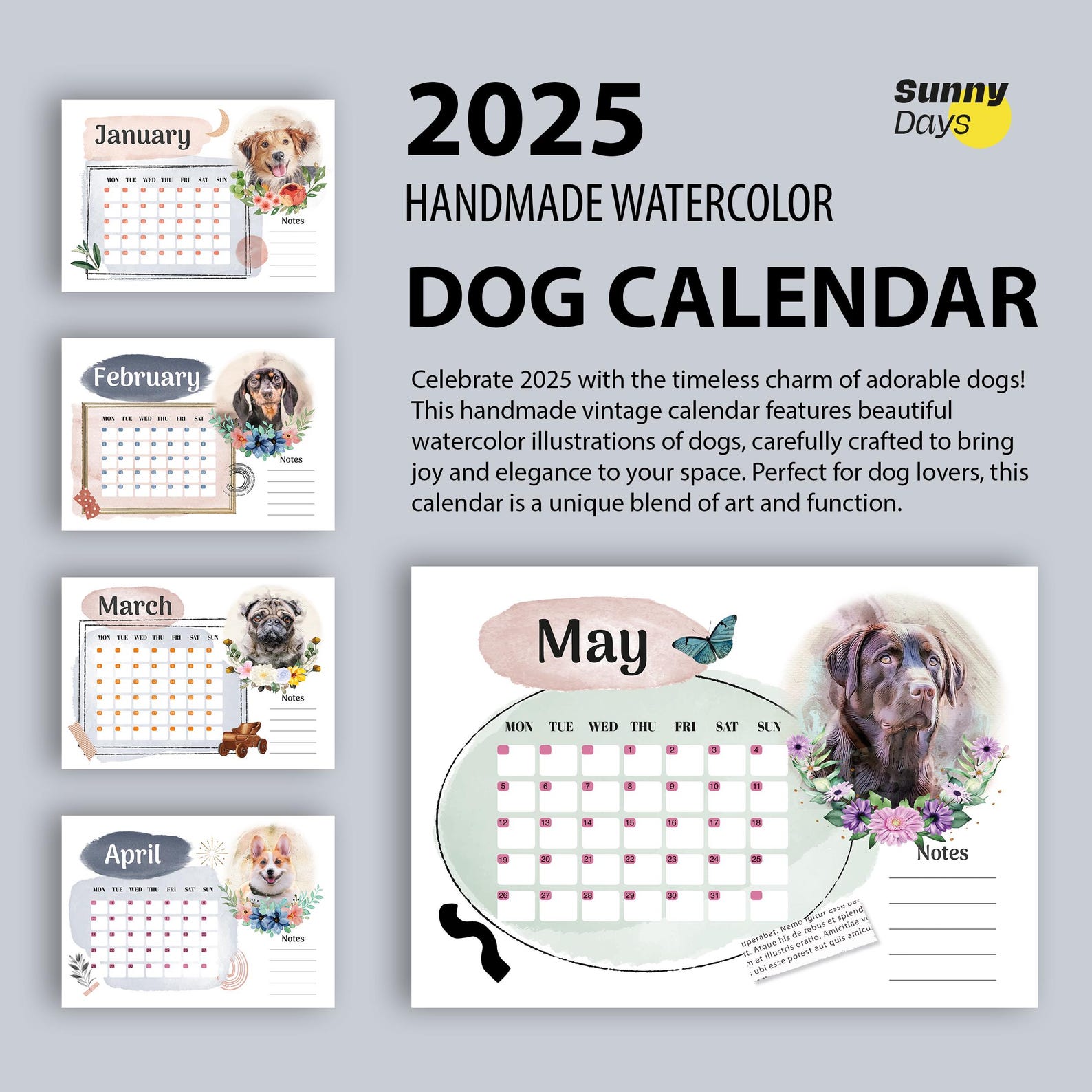 2025 Dog Printable Digital Calendar Instant Download Handmade Vintage ...