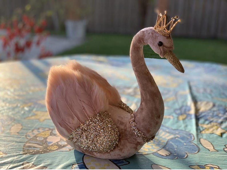 Pink Velvet Fur Glittered Swan Wearing Gold Crown, 12in Christmas ...