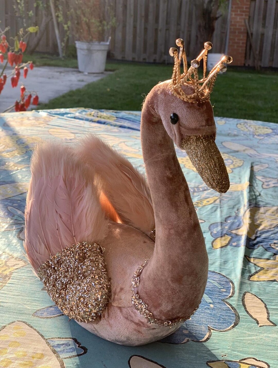 Pink Velvet Fur Glittered Swan Wearing Gold Crown, 12in Christmas ...