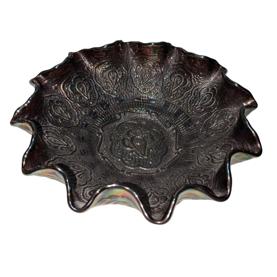 Fenton Black Amethyst Carnival Glass Bowl With Ruffled Edge & Embossed ...