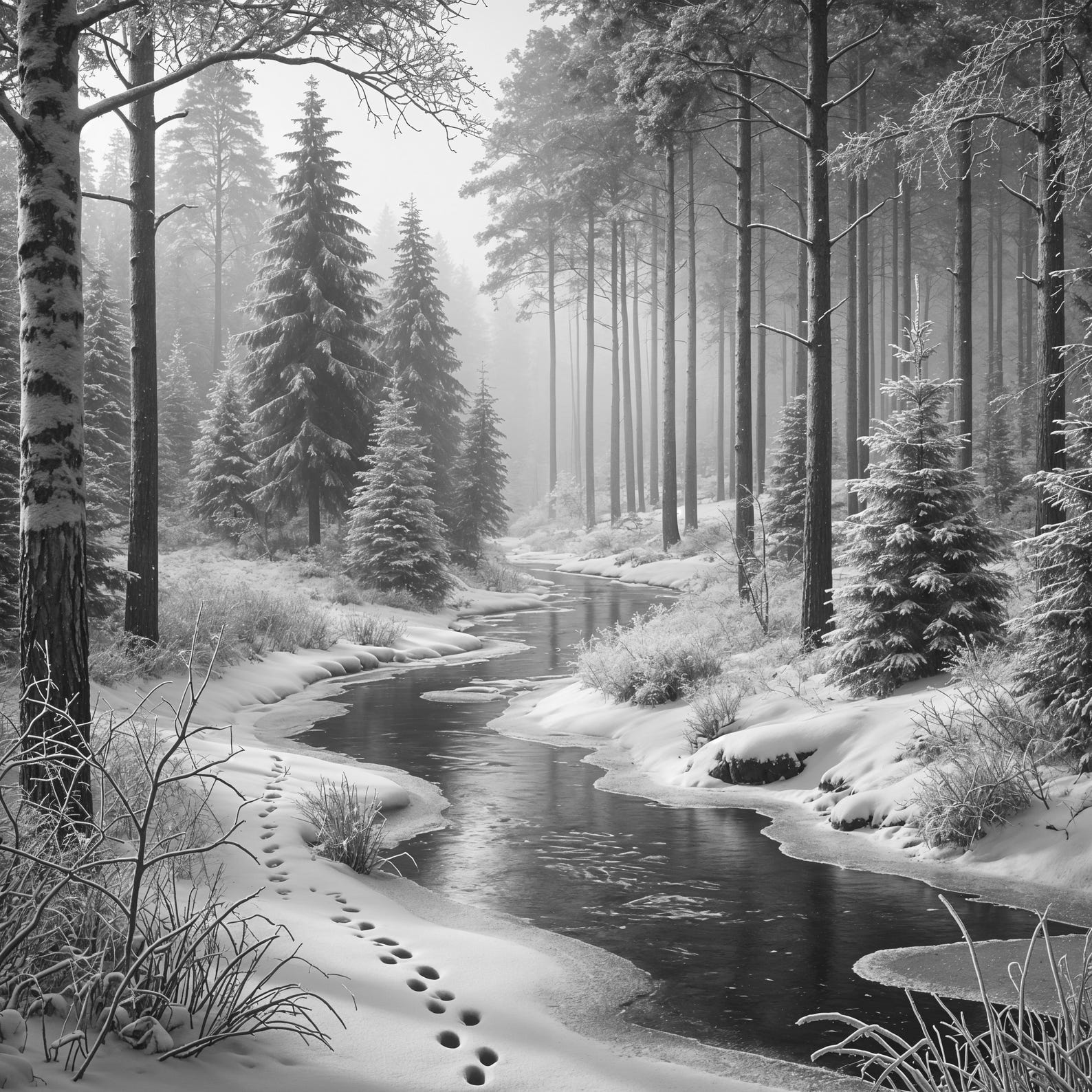 Snowy Winter Stream Art – Serene Landscape Digital Print – Minimalist Nature Wall Art - Etsy