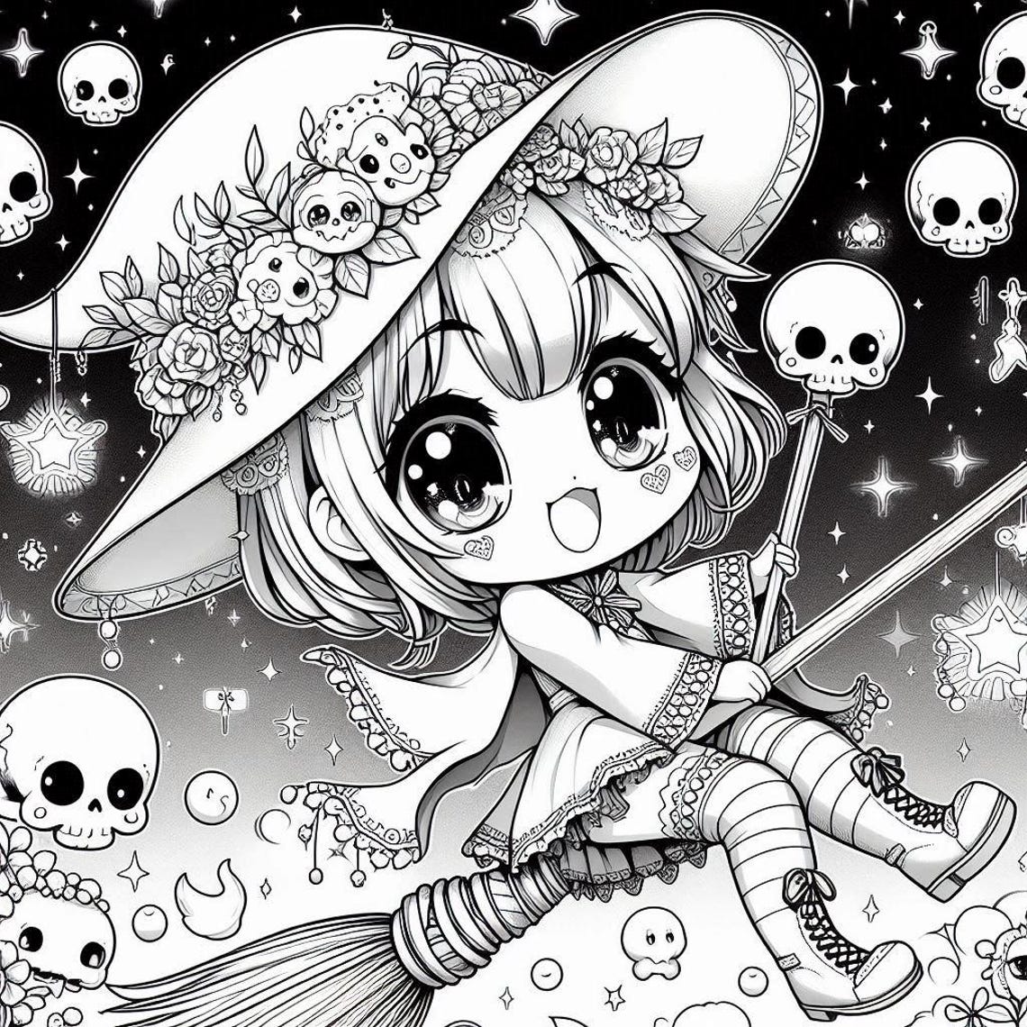 Adorable and Cute Kawaii Chibi Witch Girls Coloring Book Printable ...