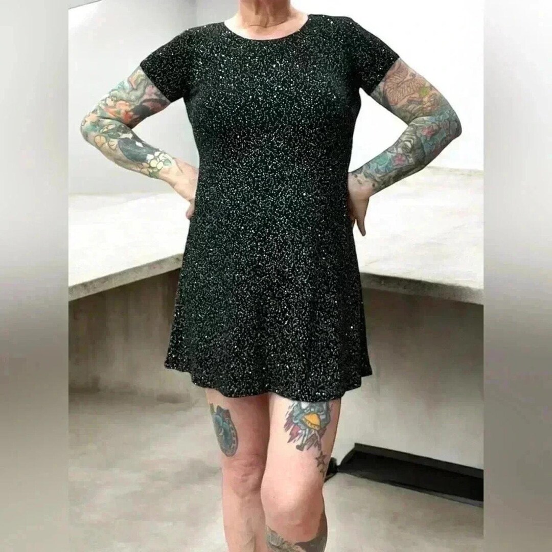 True 80s Vintage Goth Metal Sparkly Black Stretchy Short Sleeve Dress ...