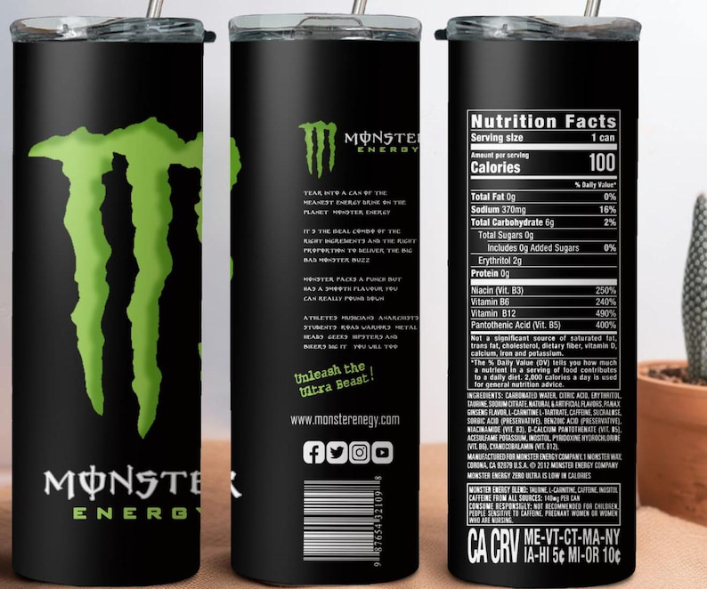 Monster Energy Drink Stainless Steel Skinny Tumbler Wrap With Metal ...