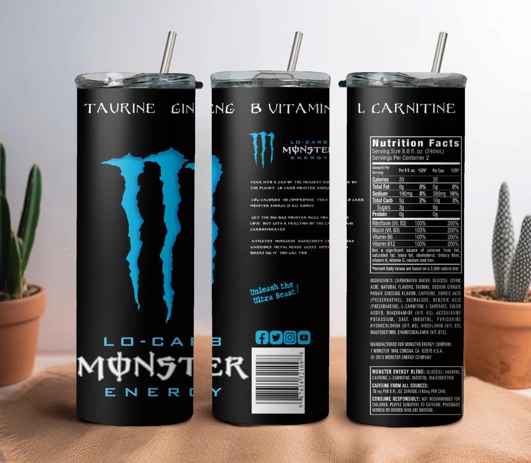 Monster Blue Energy Drink Taurine Stainless Steel Tumbler Wrap Skinny ...