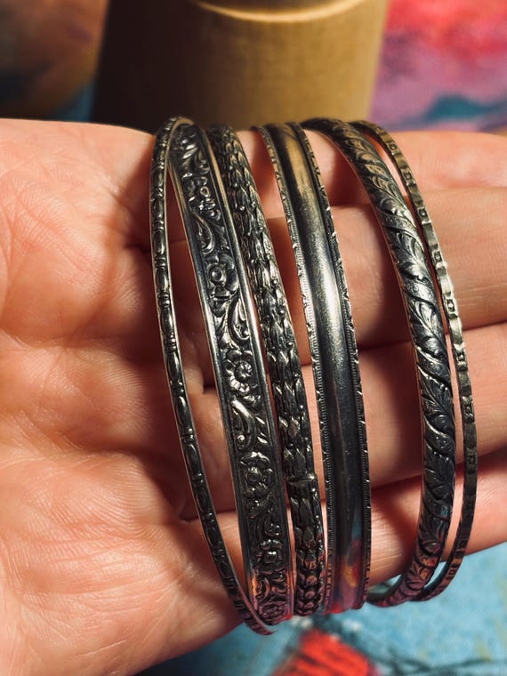 Vintage 925 sterling silver stacking bangles set of 6… - Gem
