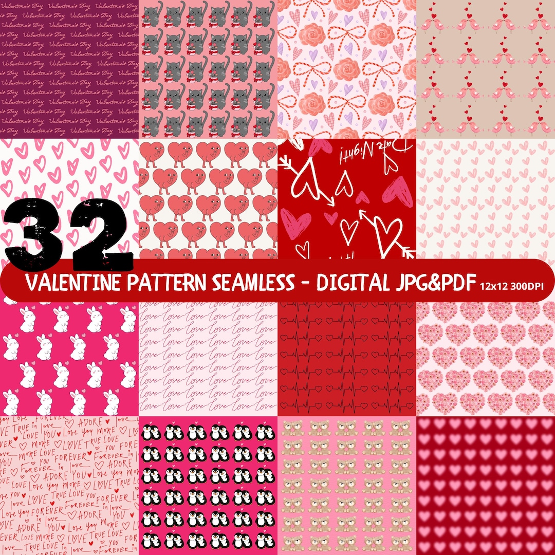 Valentine's Day Seamless Patterns, Hearts Wallpaper (digital JPG & PDF ...
