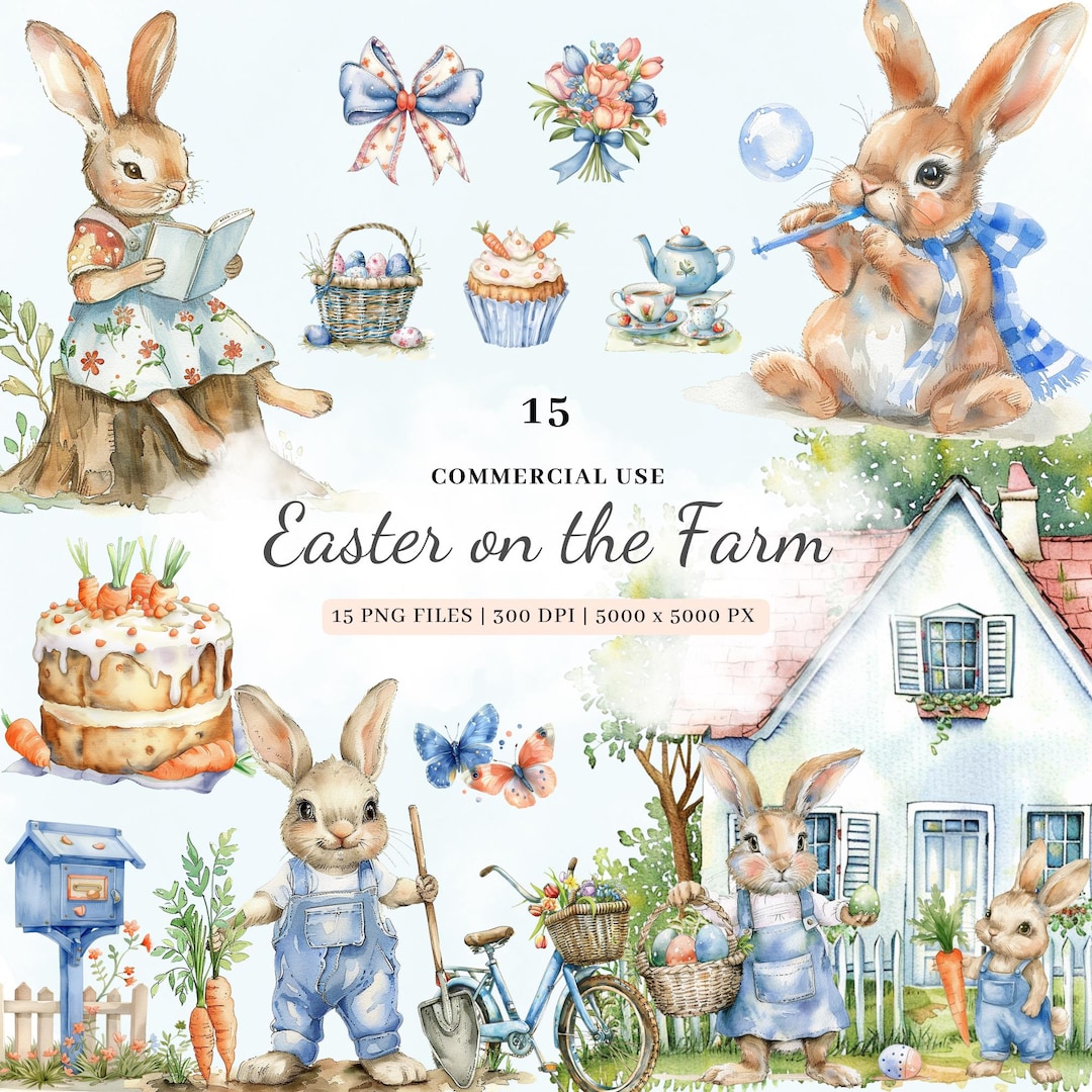 Easter on the Farm House Clipart Bunny Easter Eggs Spring Watercolor ...