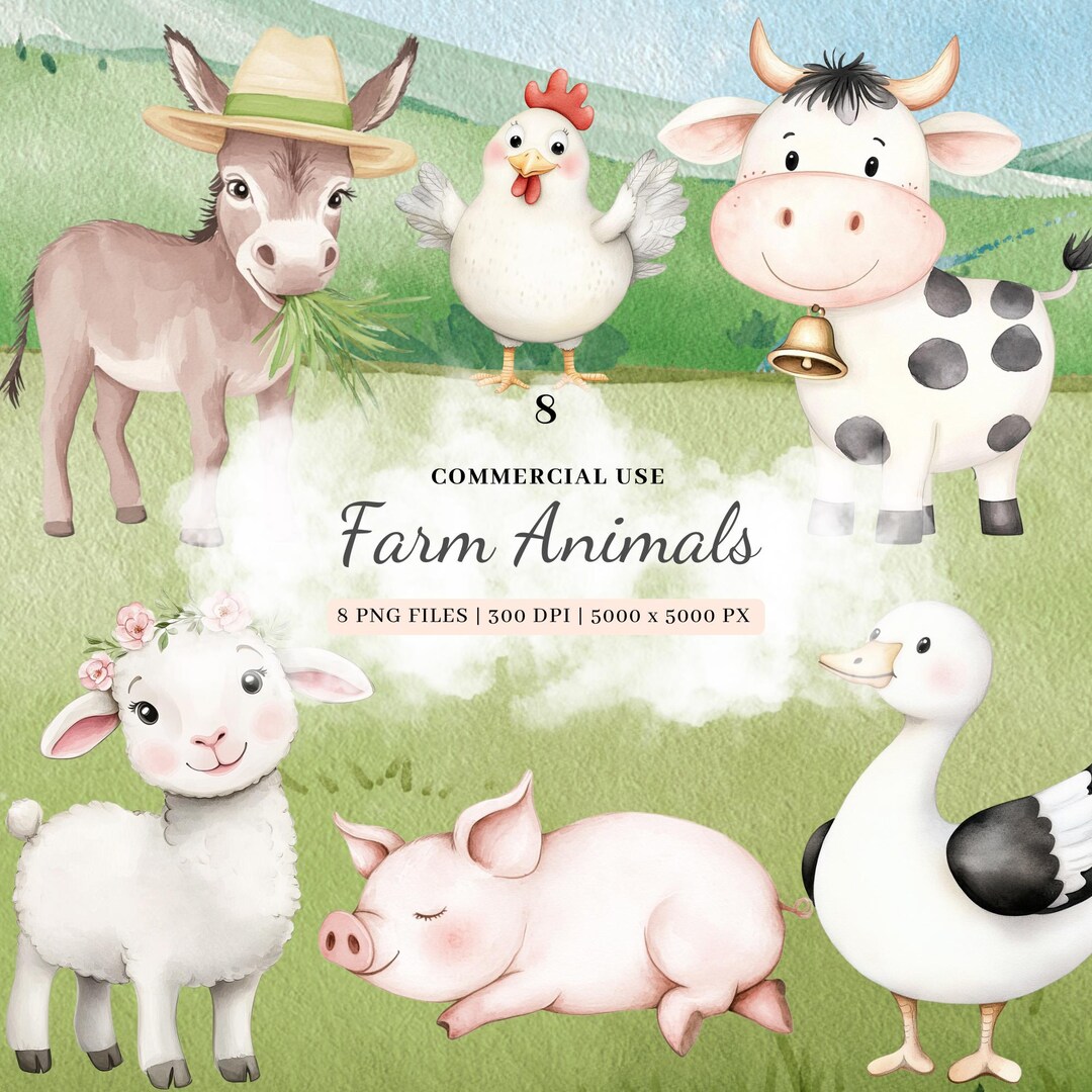 Cute Farm Animal Clipart Set PNG | Donkey Cow Pig Sheep Duck Chicken ...