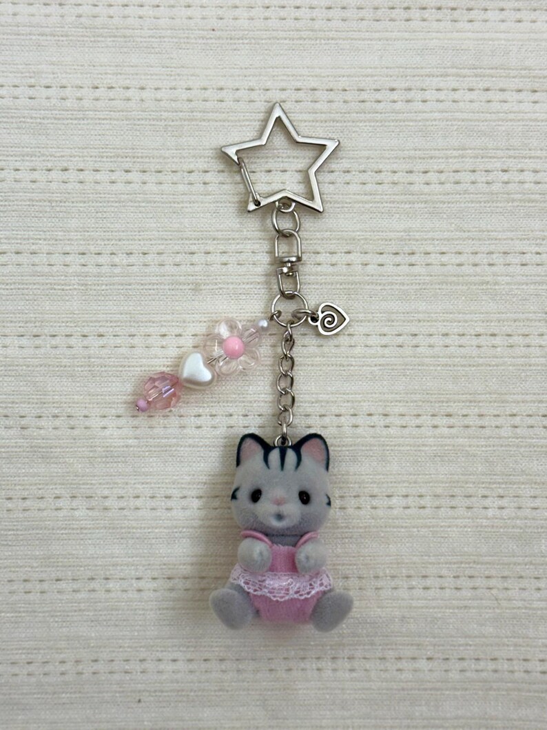 Calico Critter Keychain Baby Party Grey Cat Keychain Cute Keychain ...