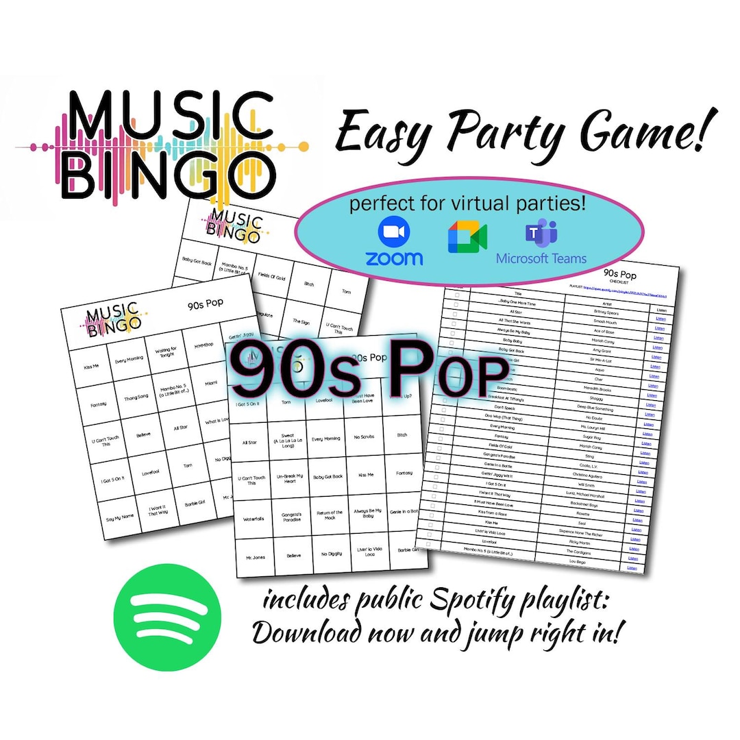 90s Pop Music Bingo - Virtual Party Game - 30 Unique Cards - Spotify ...