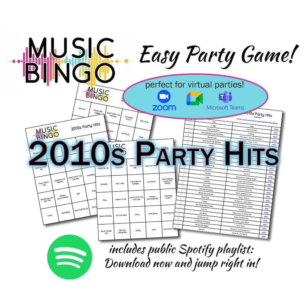 2010s Party Hits Music Bingo - Virtual Party Game - 30 Unique Cards ...