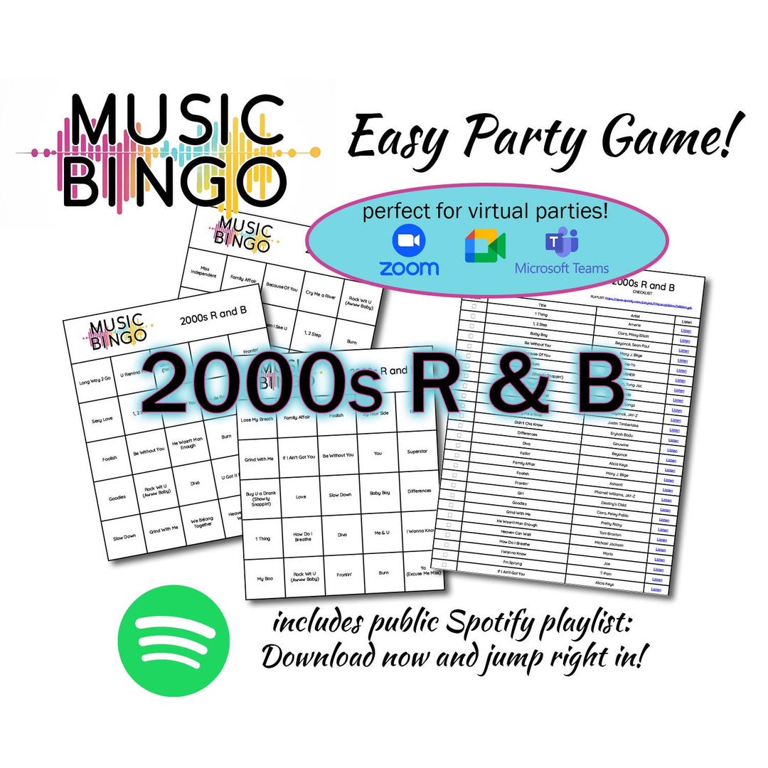 2000s R&B Music Bingo - Virtual Party Game - 30 Unique Cards - Spotify ...