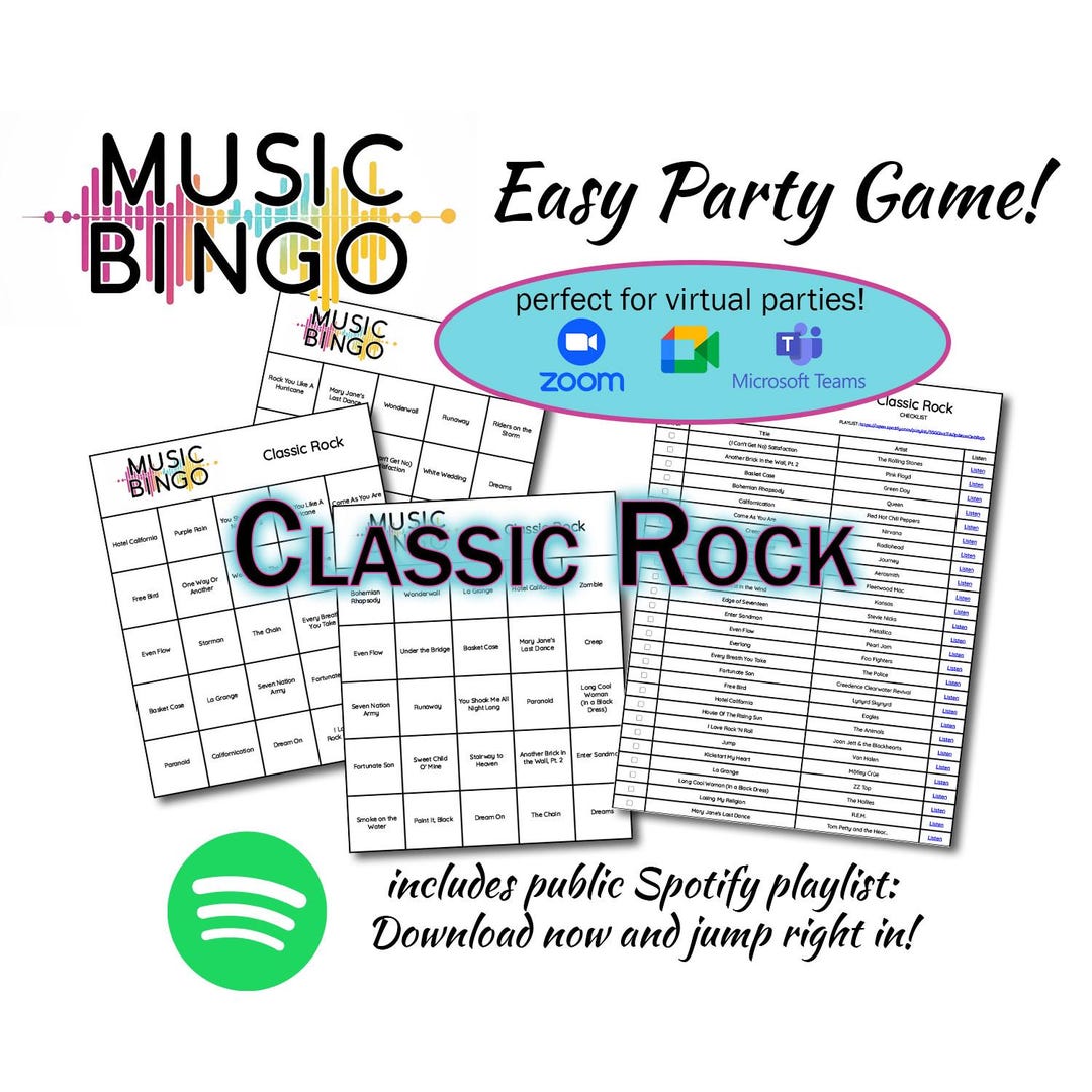 Classic Rock Music Bingo – 30 Unique Cards, Spotify Playlist (digital ...