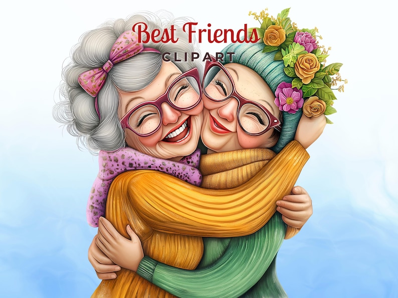 Best Friends Hug Clipart – Front View - Digital Illustration of Mature ...