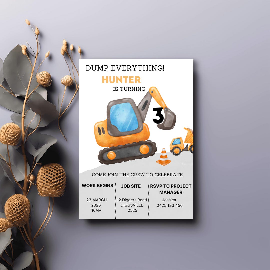 Editable Construction Birthday Invitation Minimalist Dump Truck Digger ...