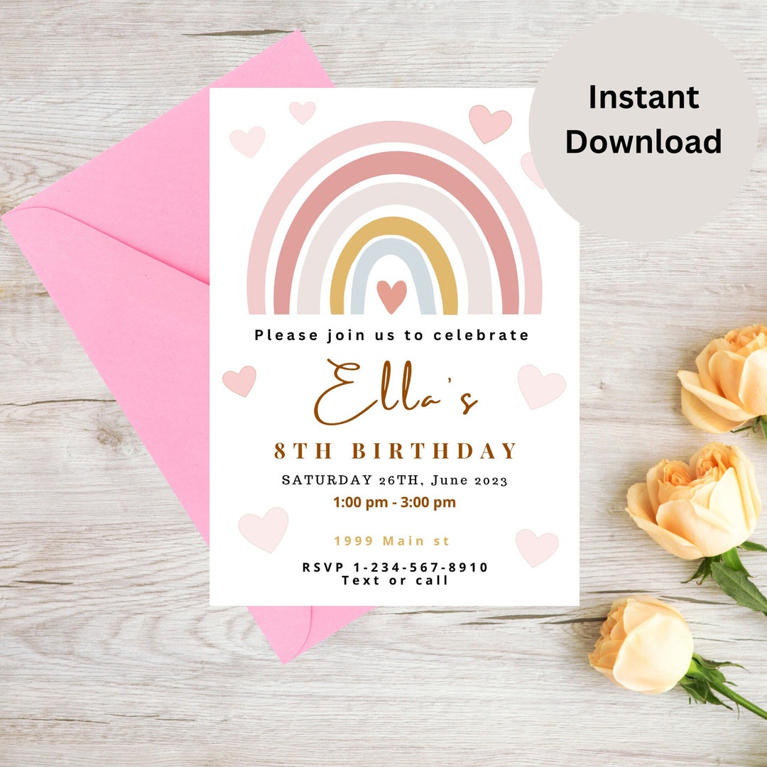 8th Birthday Party Invitation Eight Party Invite Rainbow Invitation ...
