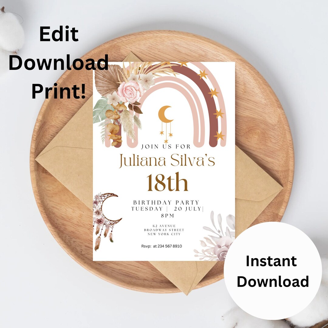 Boho 18th Birthday Party Invitation Instant Download Template Canva ...