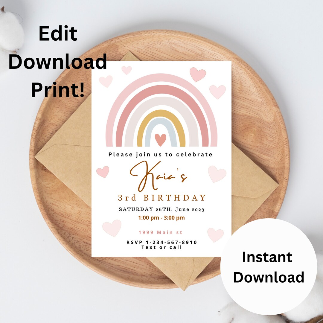 3rd Birthday Party Invitation Third Birthday Invite Rainbow Invitation ...