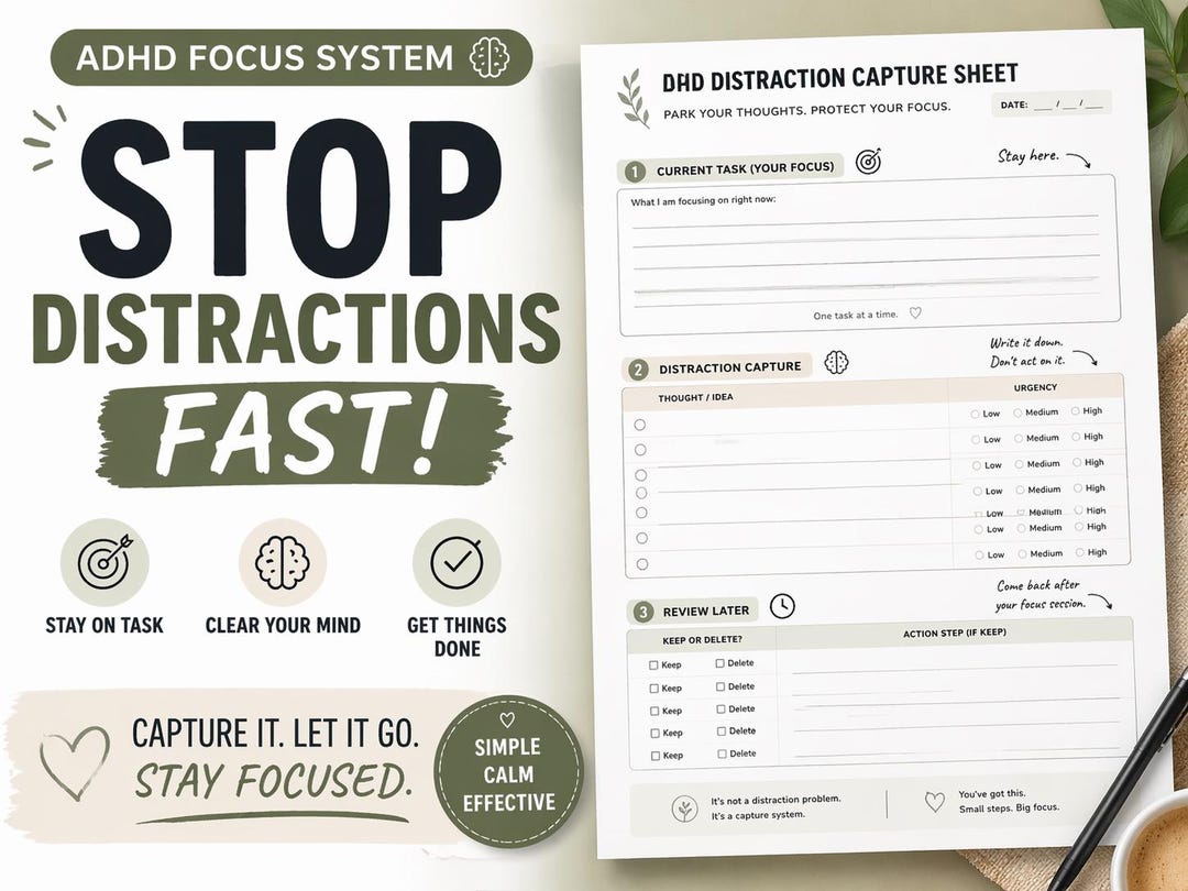 ADHD Distraction Capture Sheet Printable, ADHD Focus Planner ...
