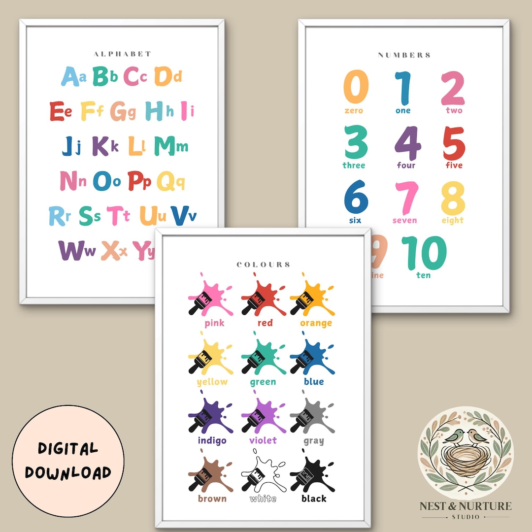 Set of 3 Educational Posters| ABC Alphabet| Numbers| Colours| Playroom ...