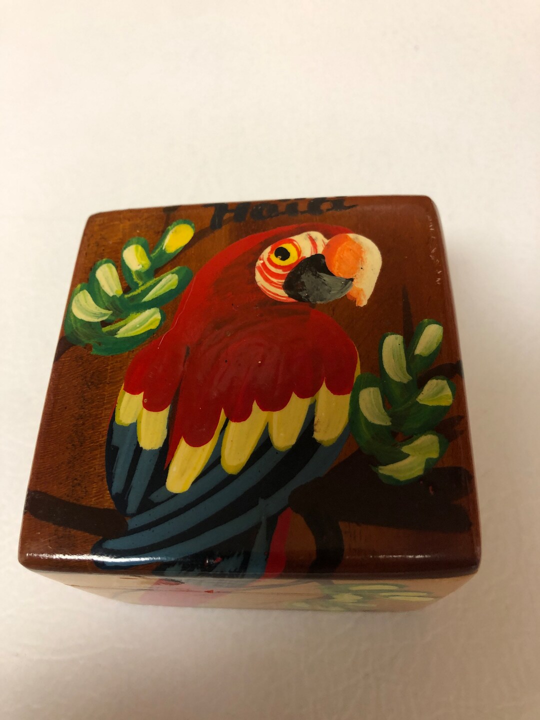 Haitian Folk Art Hand Painted Parrot Bird Wooden Colorful Trinket Box ...