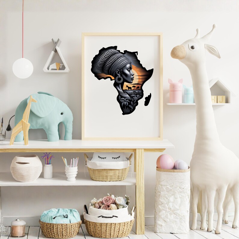 African Woman Map Art Print, Black and White Silhouette, Africa ...