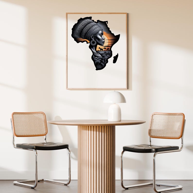 African Woman Map Art Print, Black and White Silhouette, Africa ...