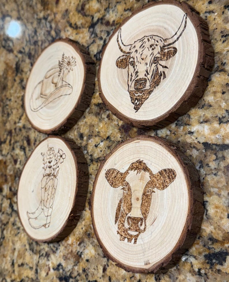 Handmade Western Wood Burned Coaster Set - Etsy